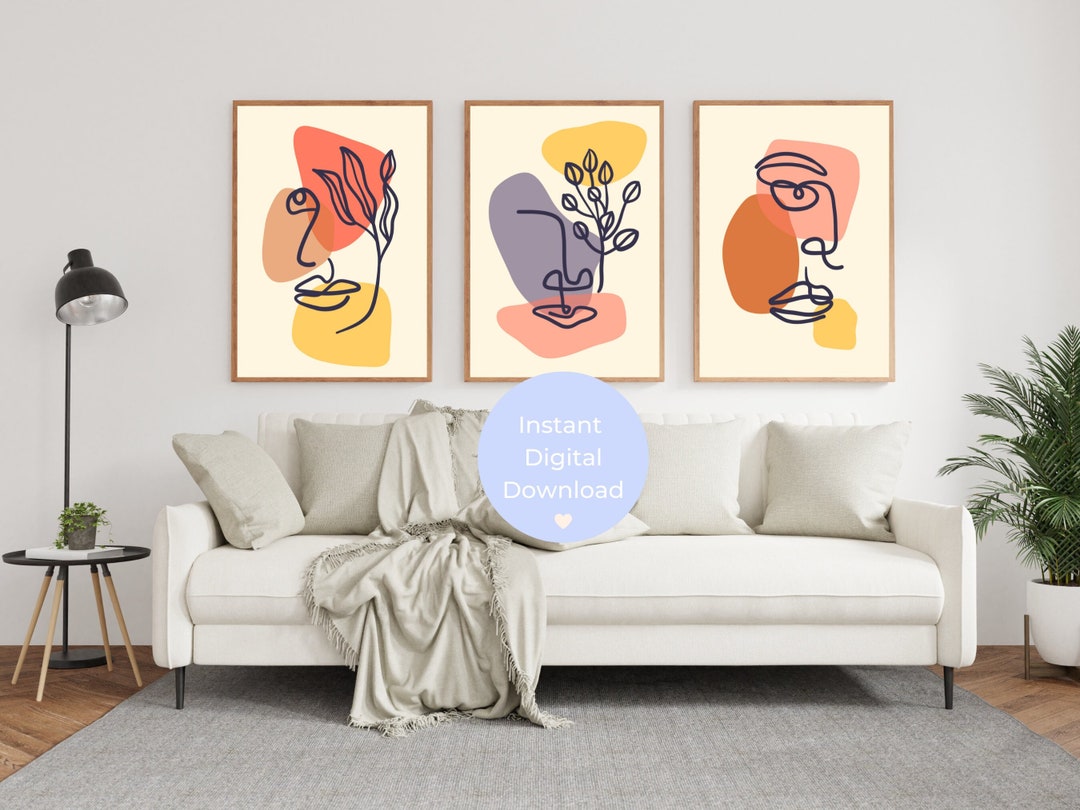 Boho Abstract Face Continuous Line Wall Art Prints, Set of 3 Prints ...