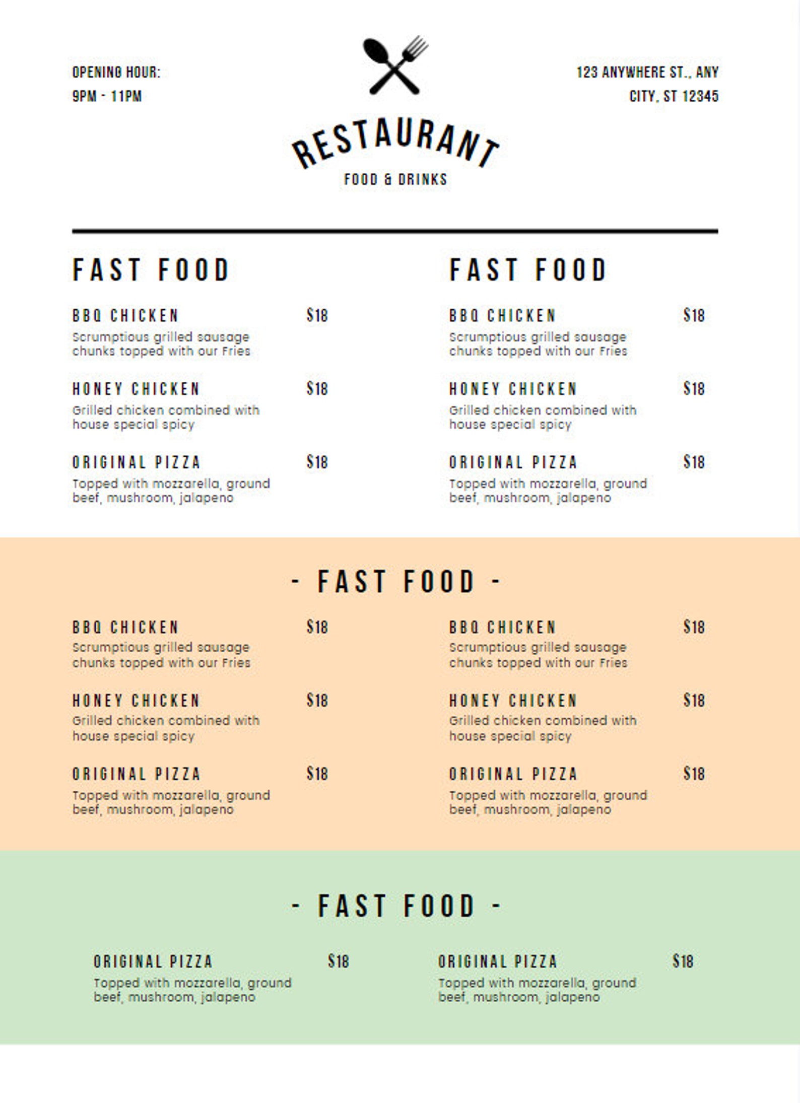 Diner Menu Template, Fast Food Restaurant Menu Template, DIY Menu ...
