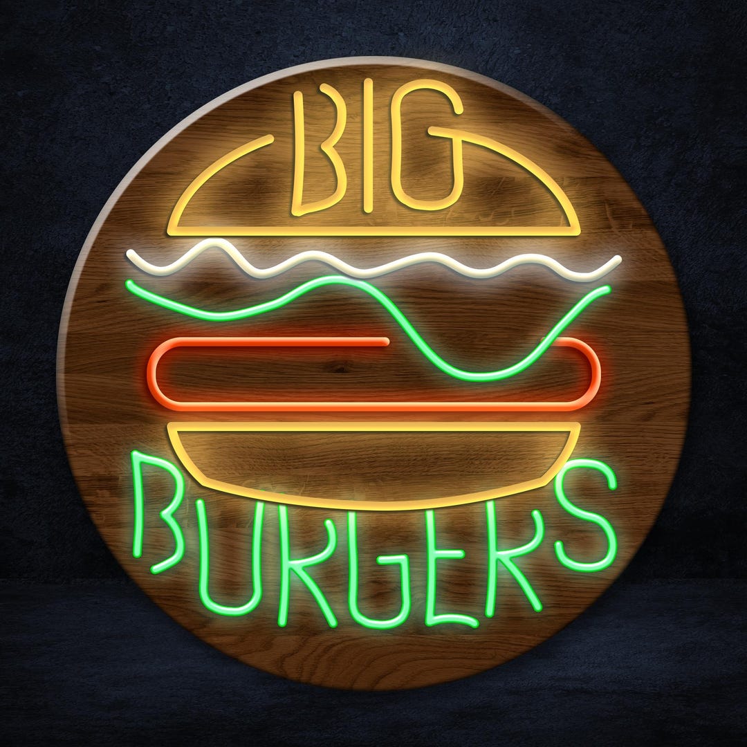Neon BIG Burgers Sign, LED Wall Decor, Burger Shop Neon Sign, Fast Food ...