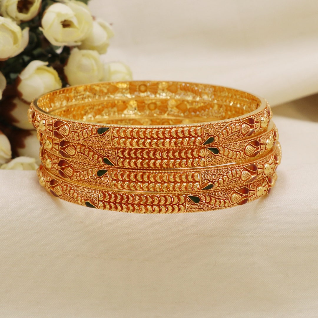 22k Solid Gold Bangle Handmade, 22kt Yellow Gold Antique Royal Floral ...