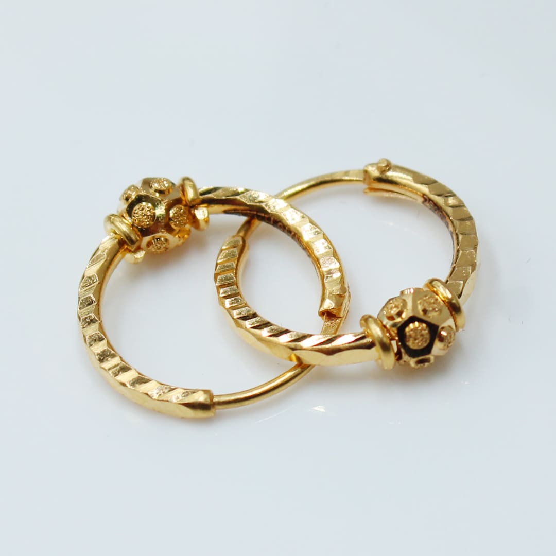 Small 22k Bali Hoop Earrings, Gold Beads Hoop, Handmade 22k Huggie ...