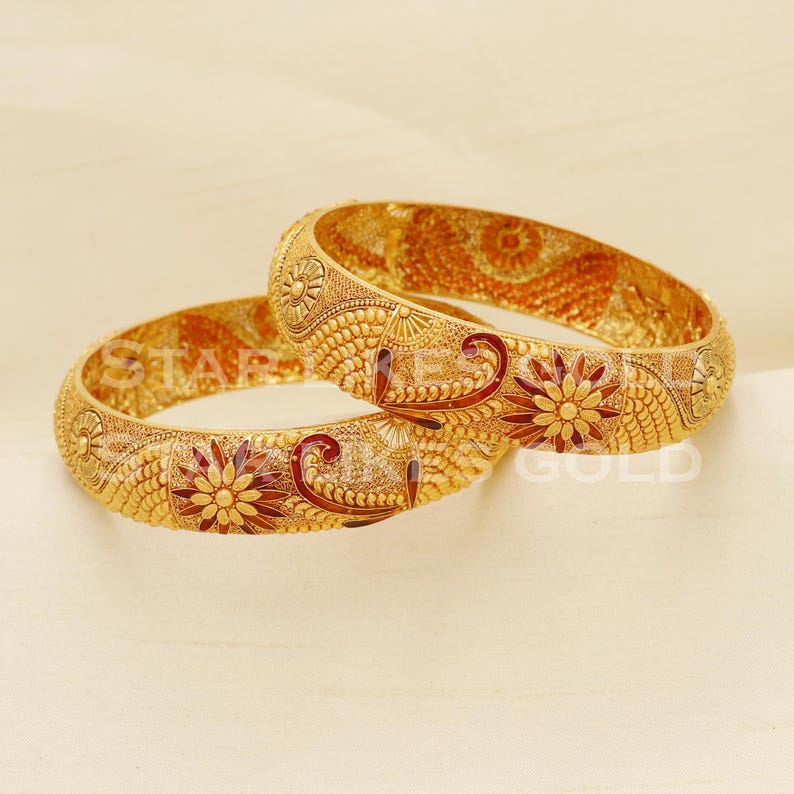 22k Solid Gold Bangle Handmade, 22kt Yellow Gold Royal Peacock Enamel ...