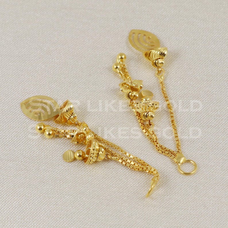 18k Yellow Gold Chain Dangling for Studs Earrings Indian Handmade ...
