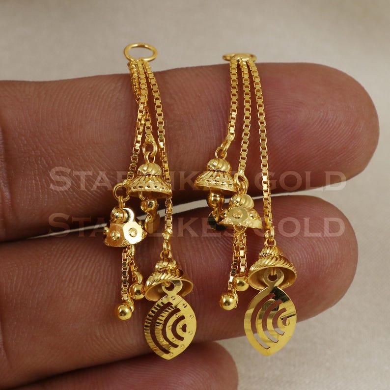 18k Yellow Gold Chain Dangling for Studs Earrings Indian Handmade ...