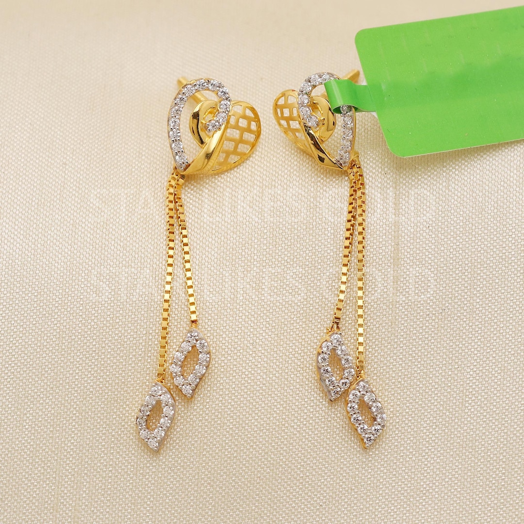 22k Gold Heart Drop Earrings, BIS Hallmark Yellow Gold Dangle Earrings ...