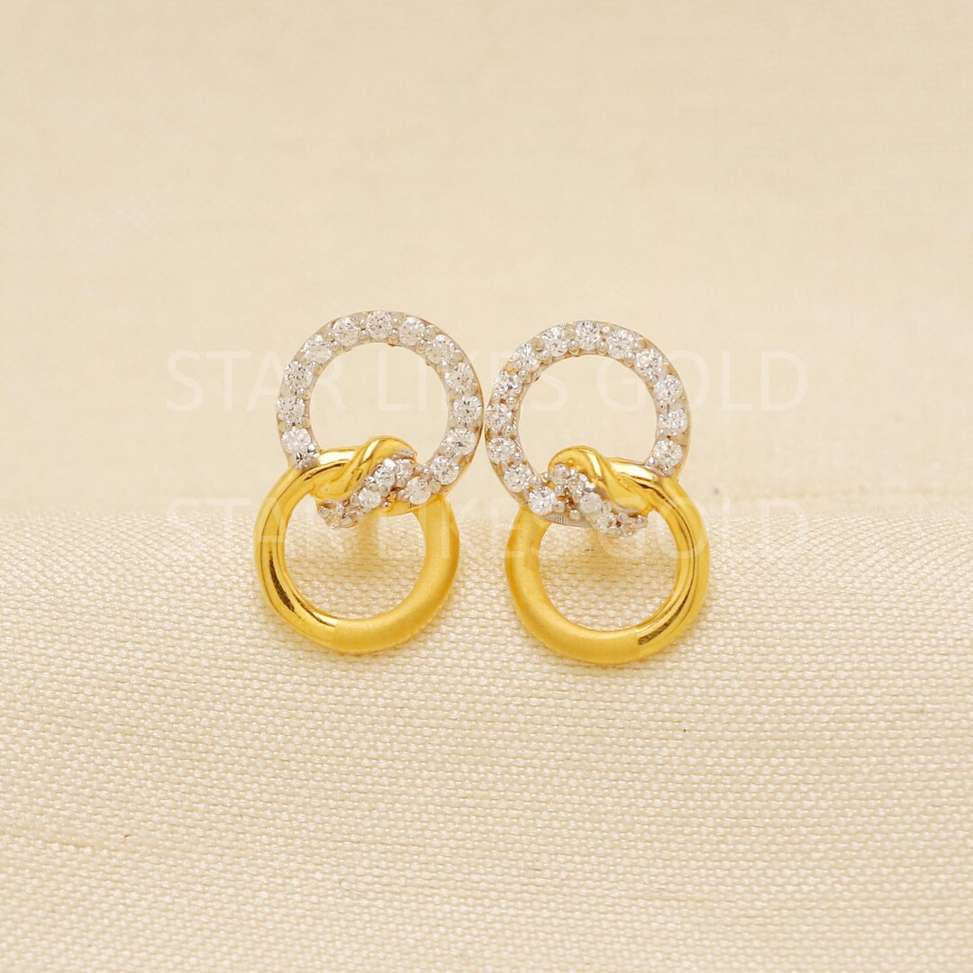18K Gold Interlocking Circle Dangle Earrings | Modern CZ Studs ...