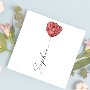Personalised Rose Birth Flower Card, Customised With Name Stem, June ...