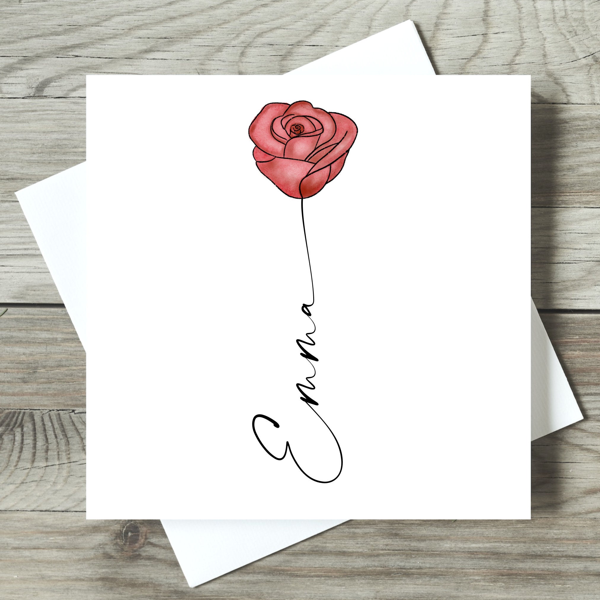 Personalised Rose Birth Flower Card, Customised With Name Stem, June ...