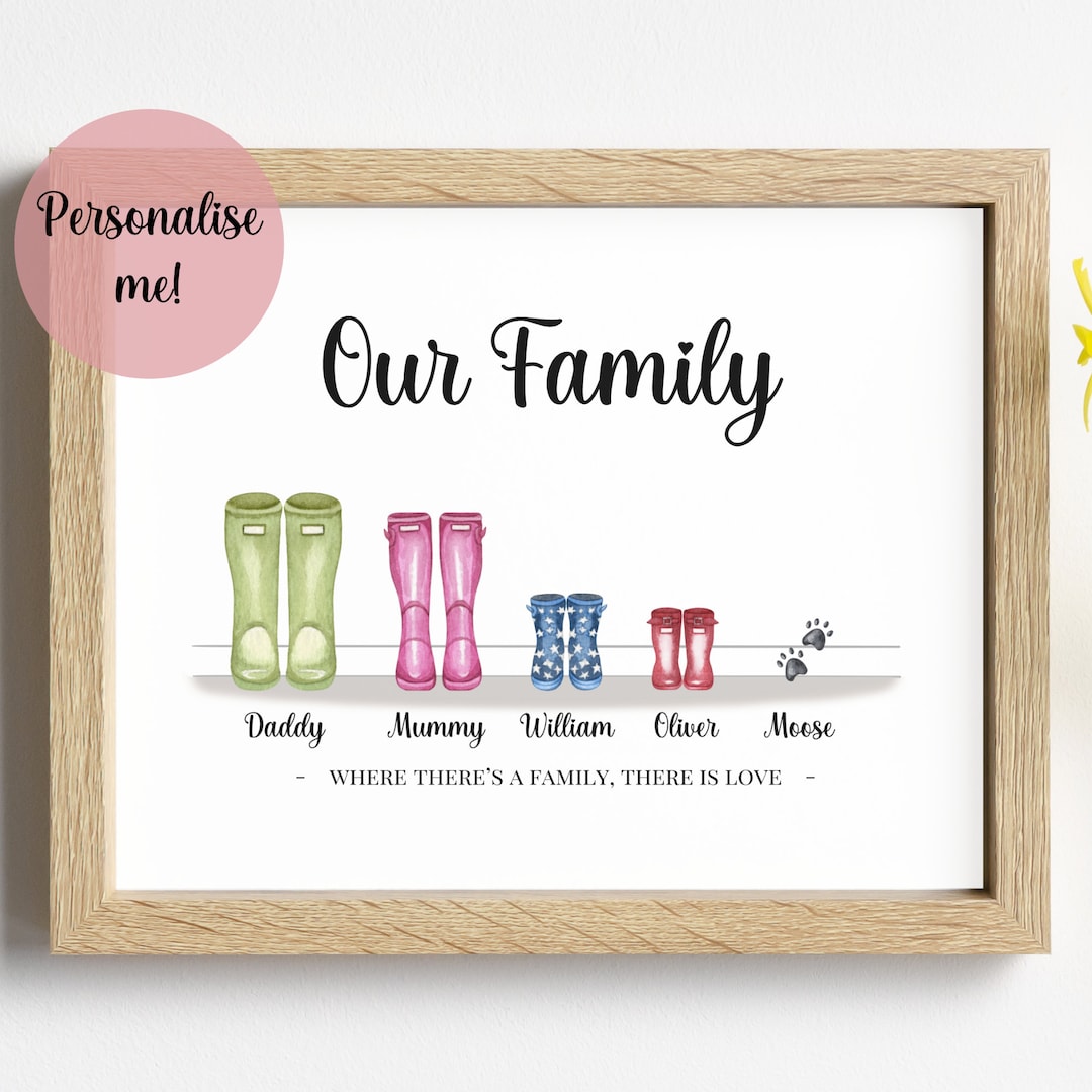 Personalised Our Family Print, Custom Welly Boot Art Print, Sentimental ...