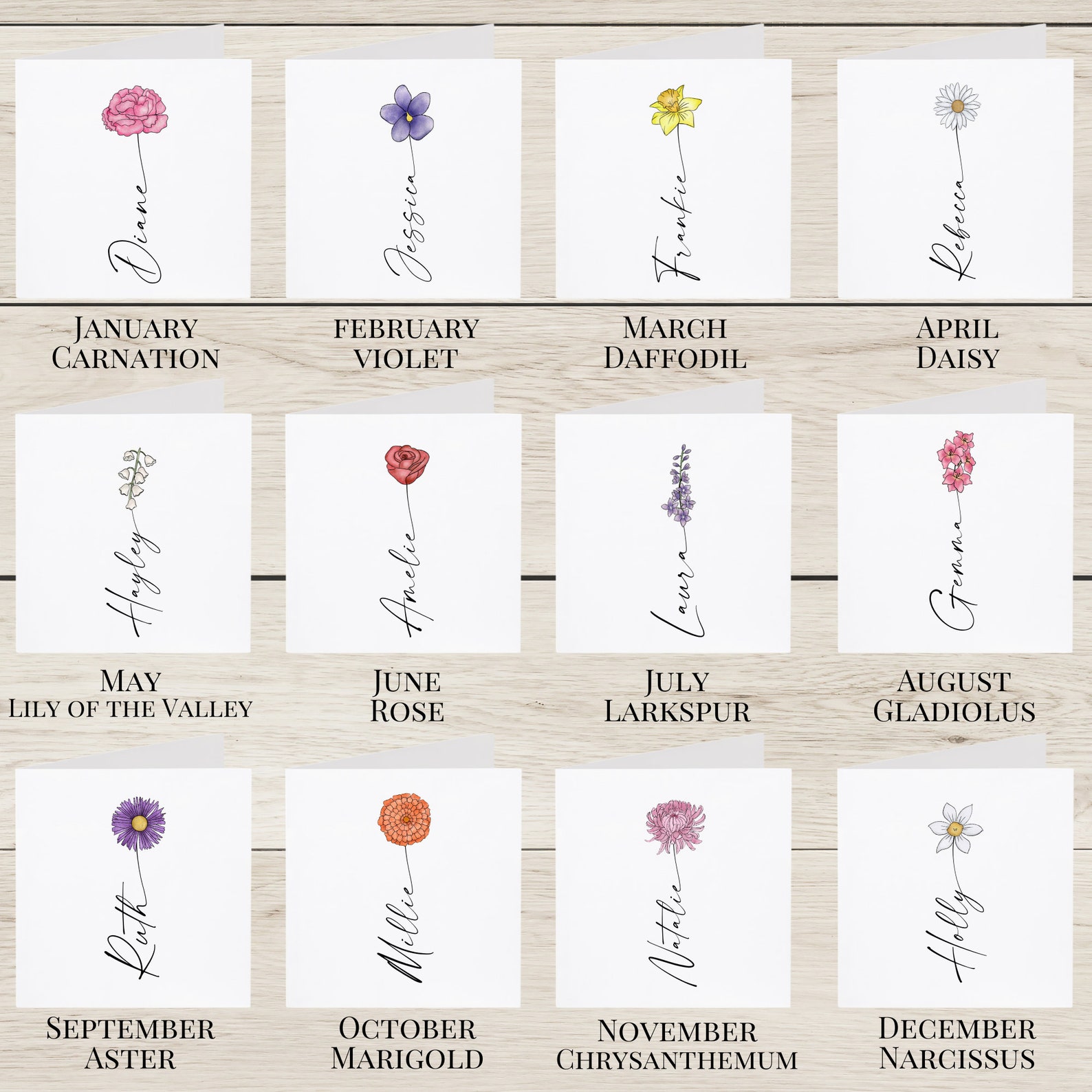 Personalised Birth Flower Card, Customised With Name Stem, Meaningful ...