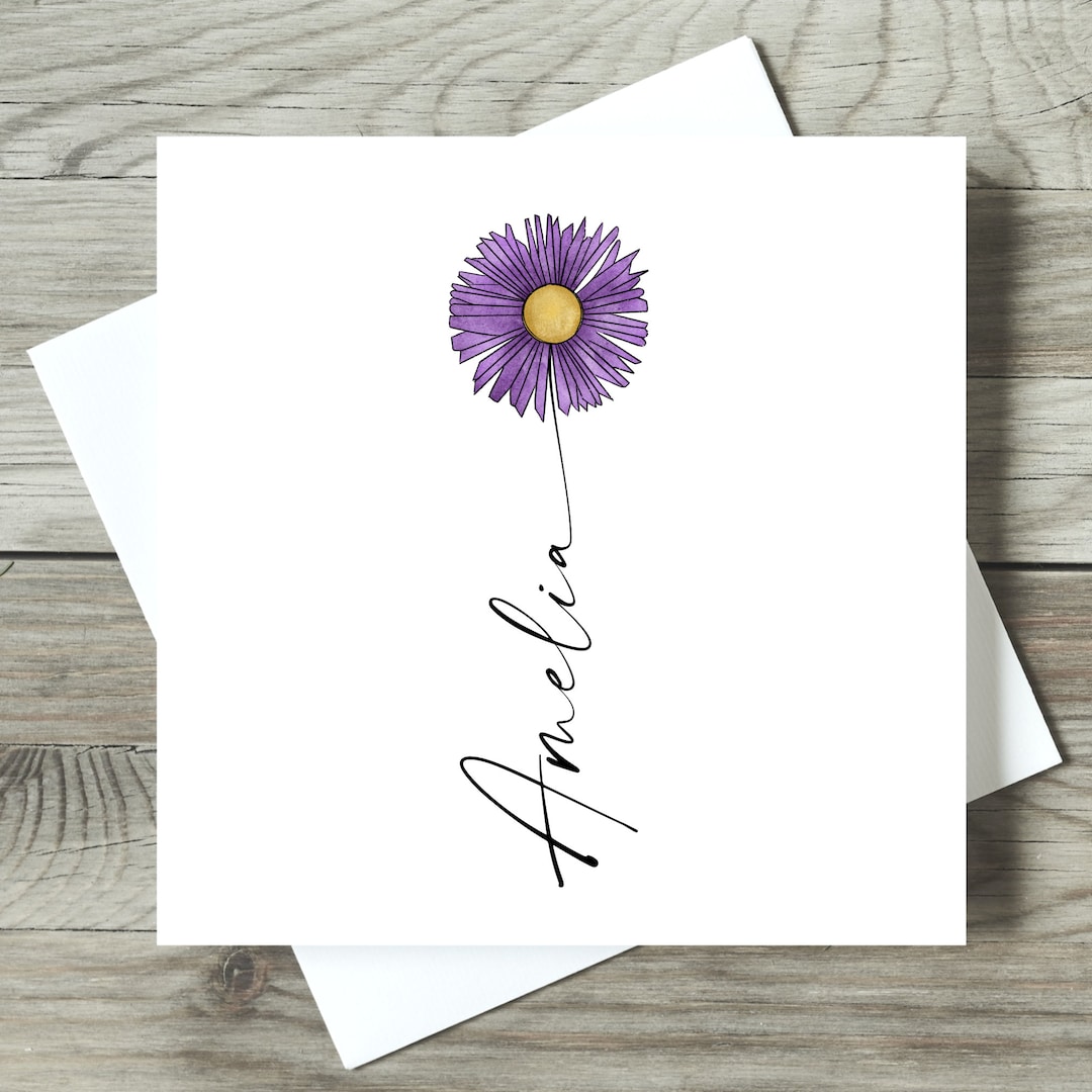 Personalised Aster Birth Flower Card, Customised With Name Stem ...