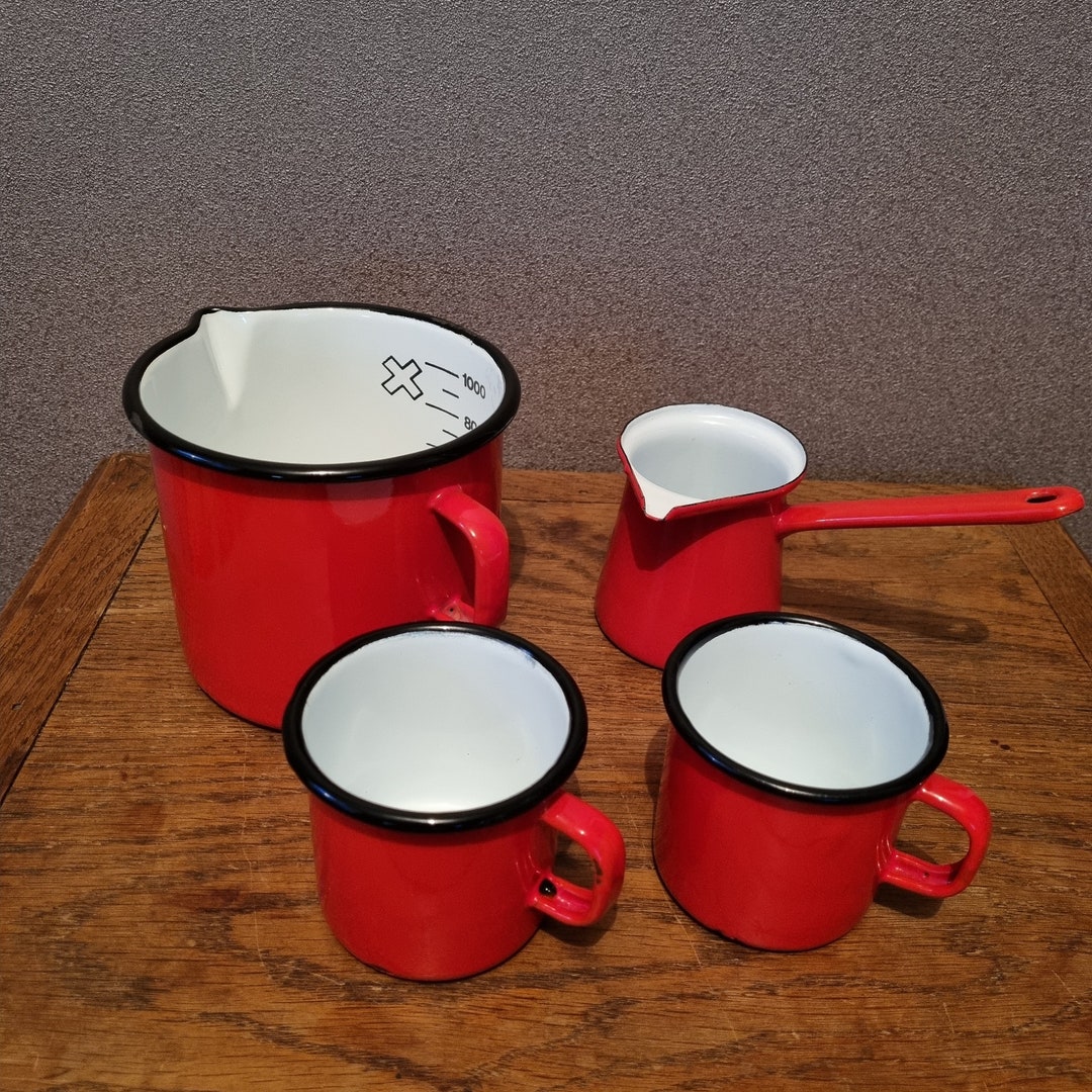 Set of Vintage Enameled Steel Cups and Pots - Etsy