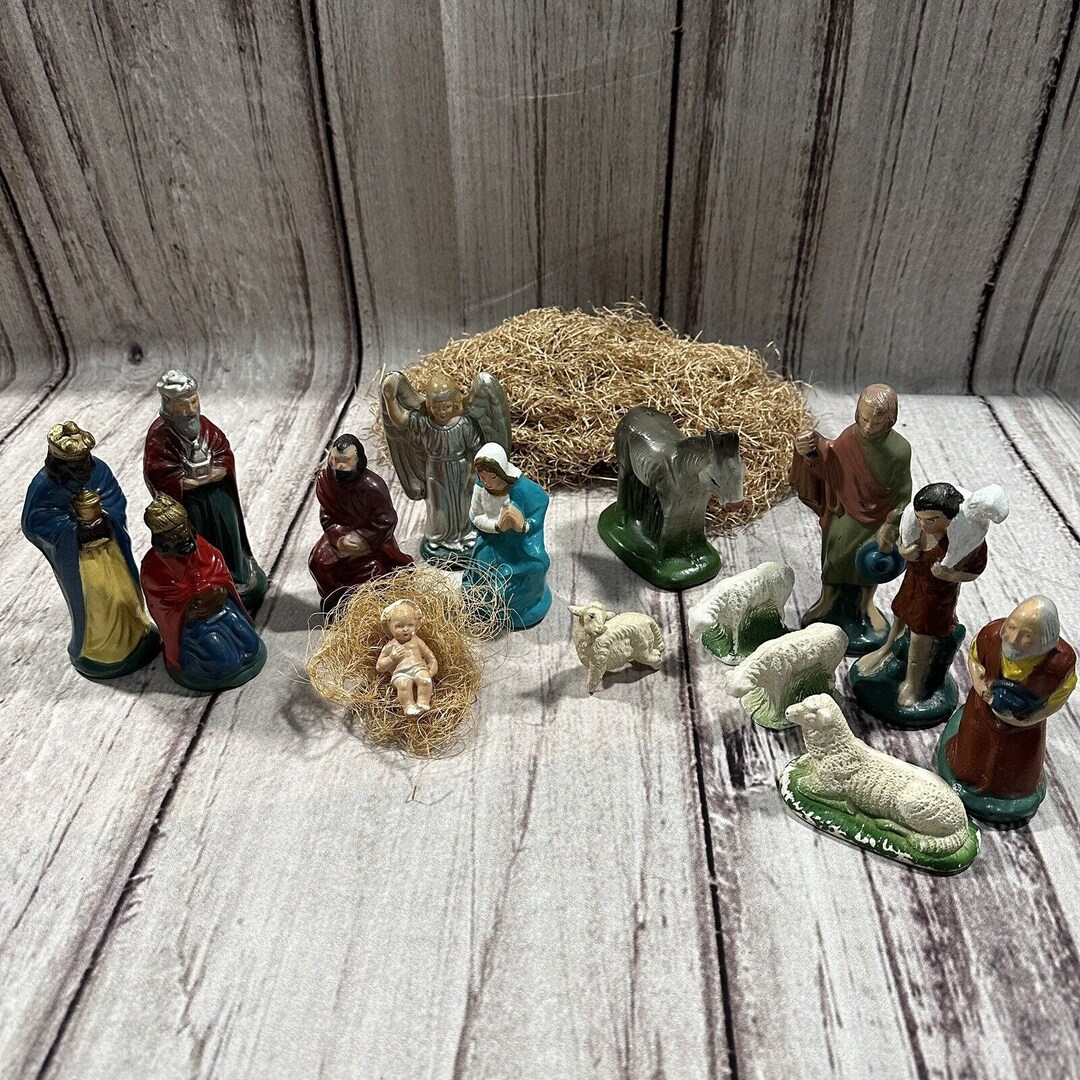 Christmas Nativity Scene Set Vintage 15-piece W/ Hay Figurines Animals ...