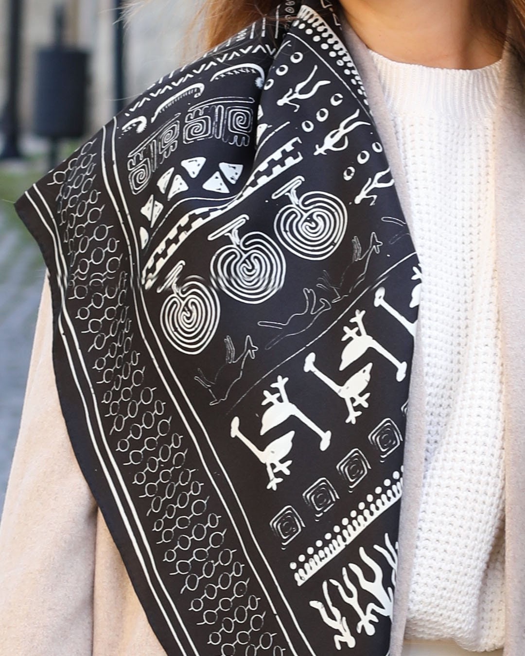 Vintage Black and White Scarf With Rock Art Motifs. Ethnic Scarf ...
