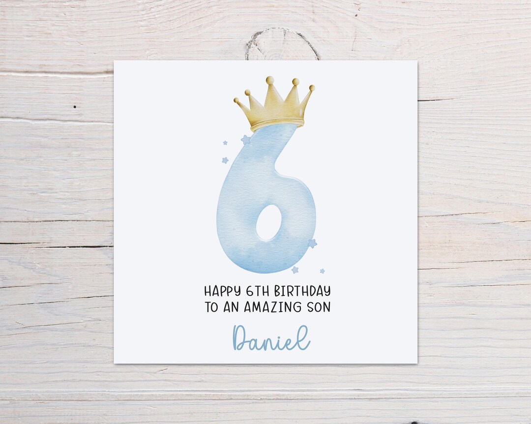 Personalised 6th Birthday Card for Boys, Custom Name Age Six Card, Blue ...