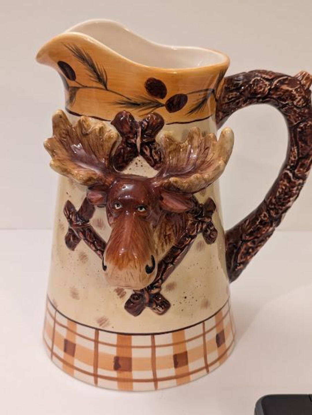 RARE Giftcraft Moose Stuck Pinecones 3D Pottery Pitcher Flannel ...