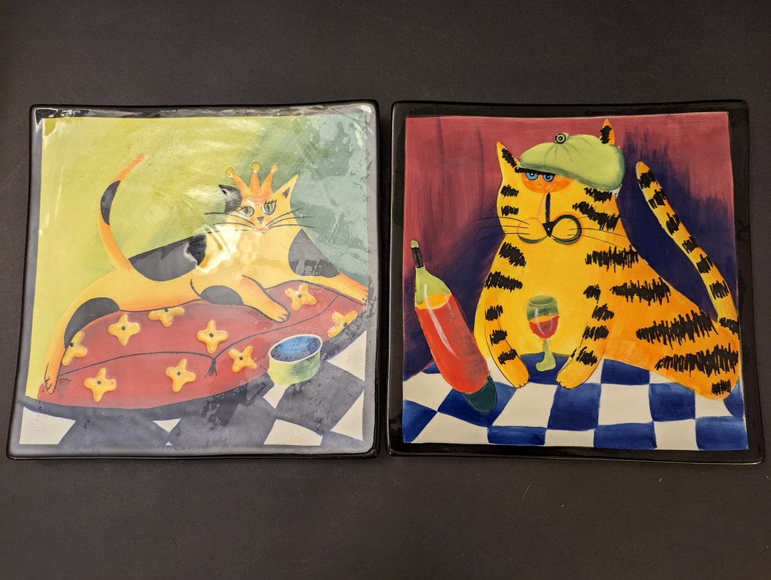 Mary Naylor Decorative Cat Plates Wall Hangings Funny Bright Kitchen ...