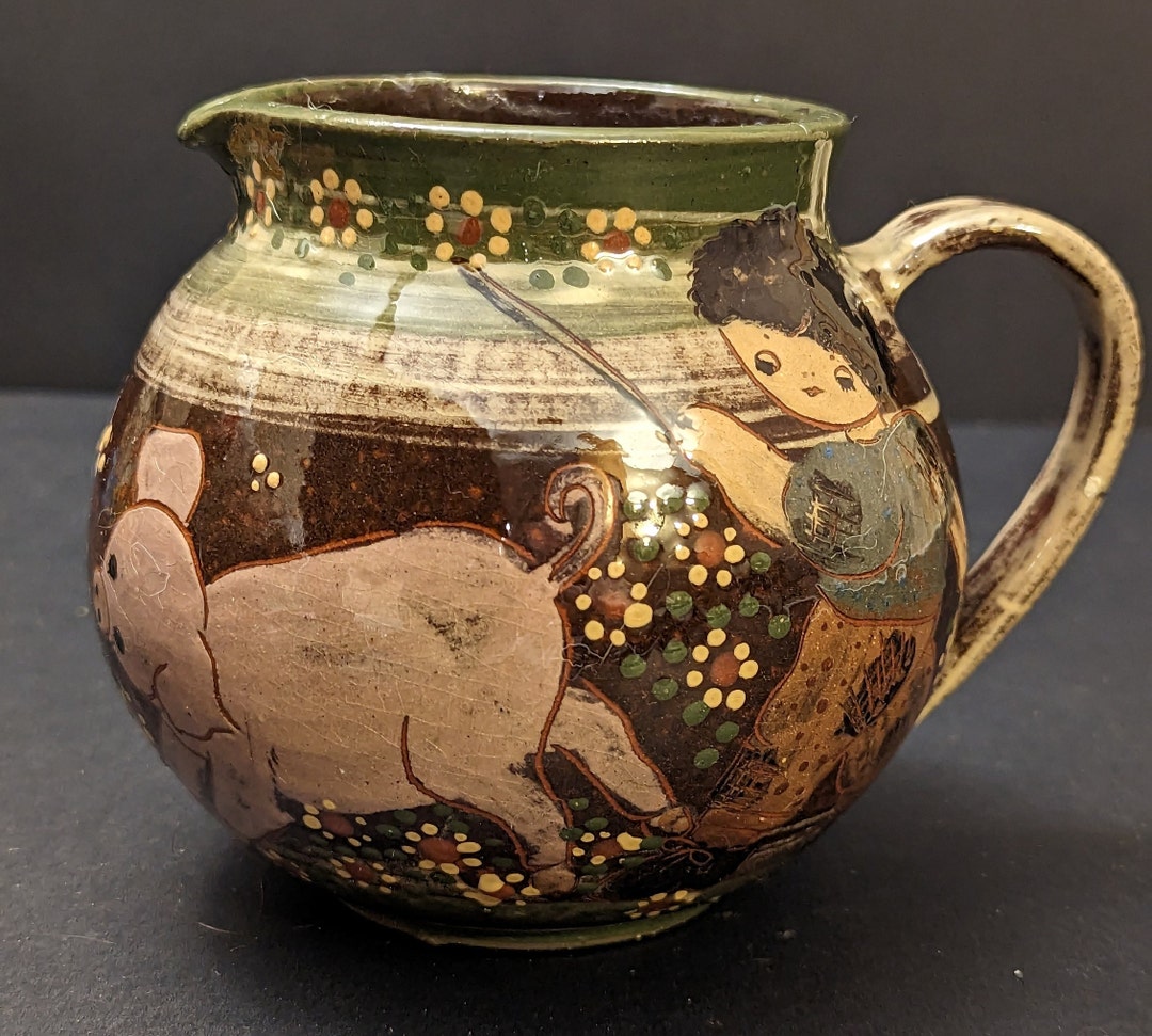 Signed Art Pottery Pitcher Boy With Pig and Geese, Farmer, Herder - Etsy