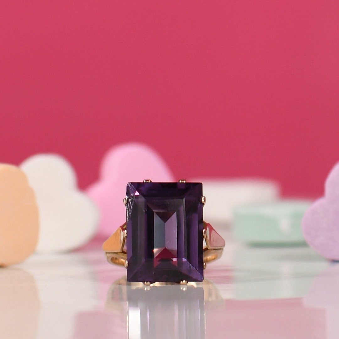 Vintage 14K Rose Gold Solitaire Emerald Cut Purple Color Change ...