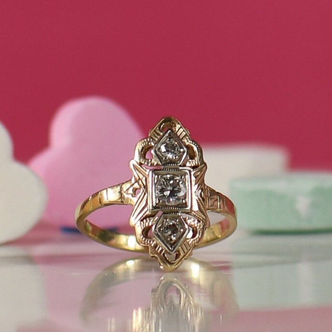 Vintage Art Deco 14K Two Tone Yellow and White Gold Antique 3 Stone ...