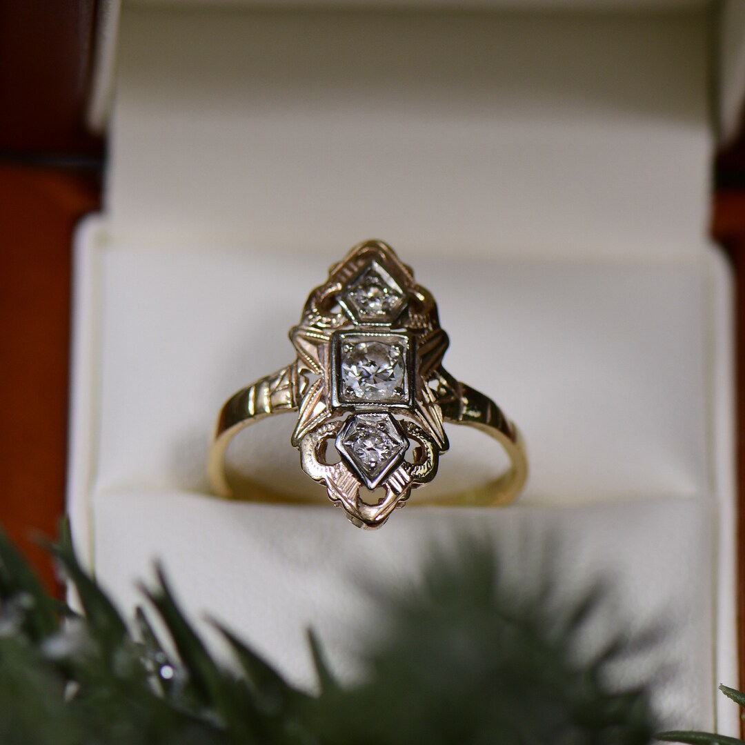 Vintage Art Deco 14K Two Tone Yellow and White Gold Antique 3 Stone ...