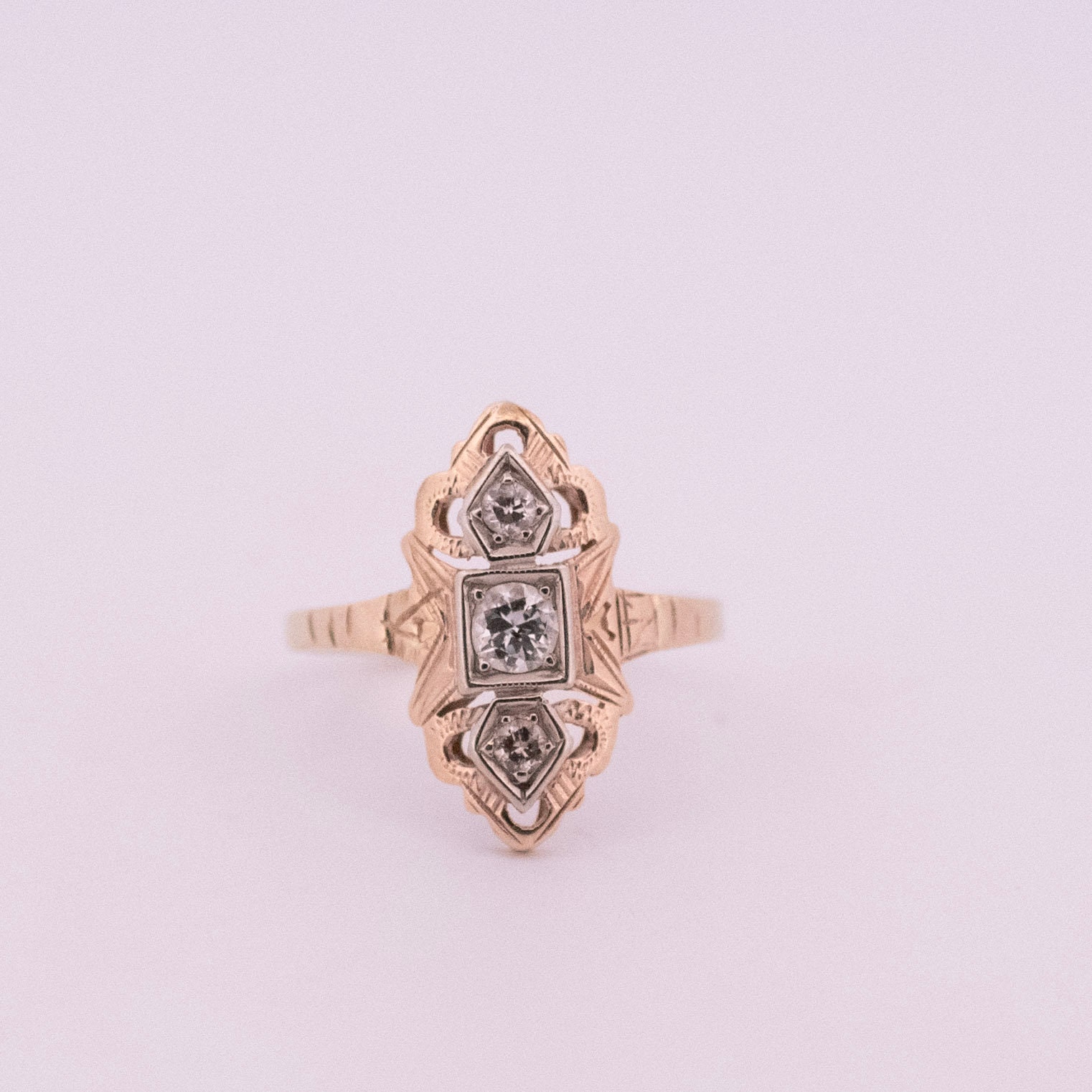 Vintage Art Deco 14K Two Tone Yellow and White Gold Antique 3 Stone ...