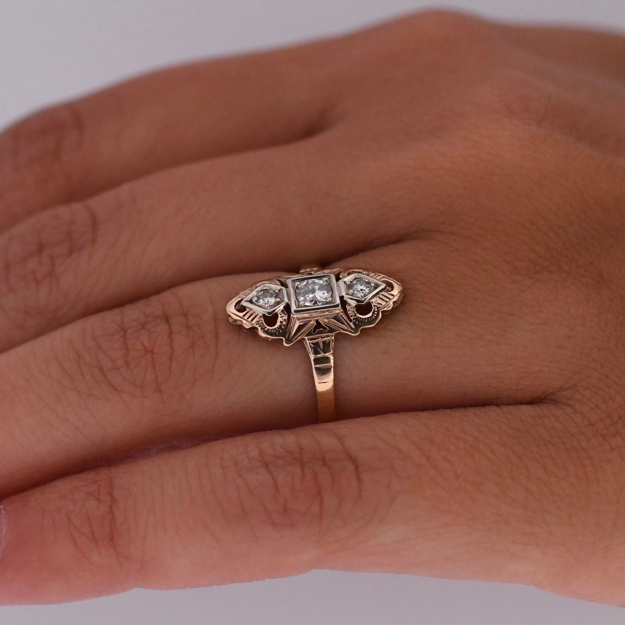 Vintage Art Deco 14K Two Tone Yellow and White Gold Antique 3 Stone ...