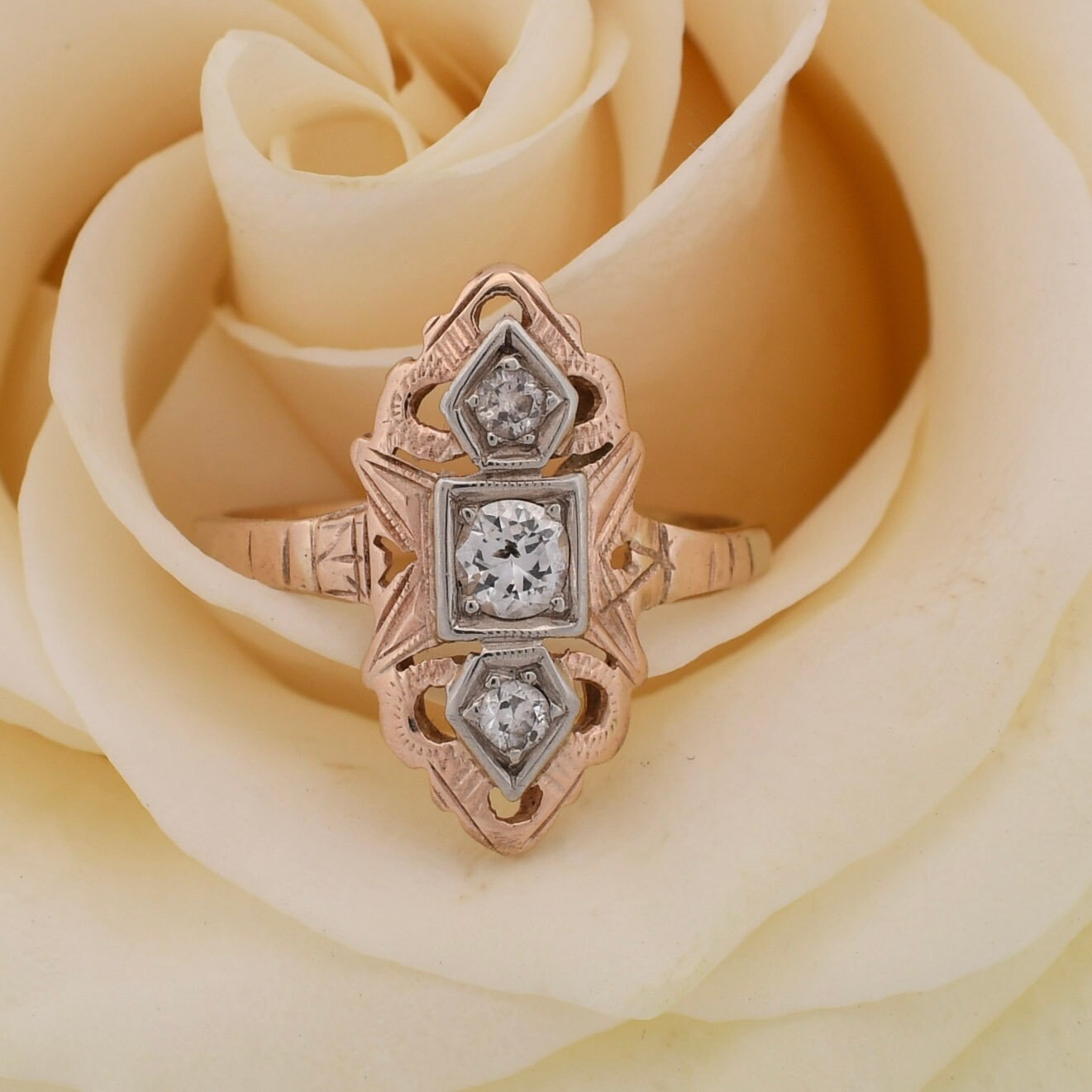 Vintage Art Deco 14K Two Tone Yellow and White Gold Antique 3 Stone ...