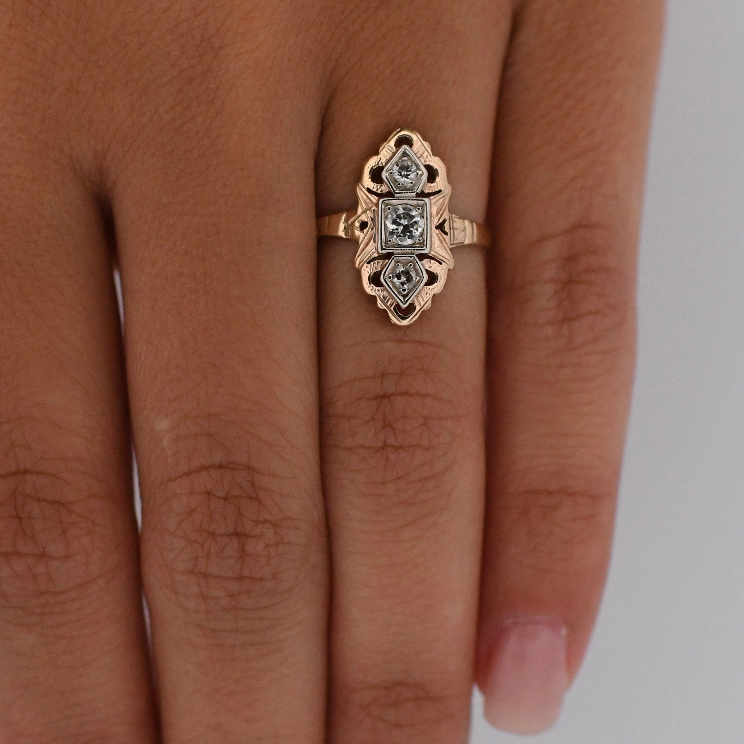 Vintage Art Deco 14K Two Tone Yellow and White Gold Antique 3 Stone ...