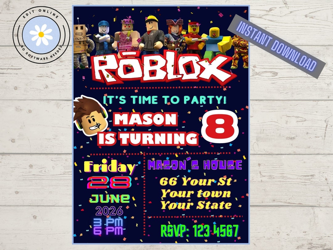 Editable Roblox Birthday Invitation Template, Printable Birthday Party ...