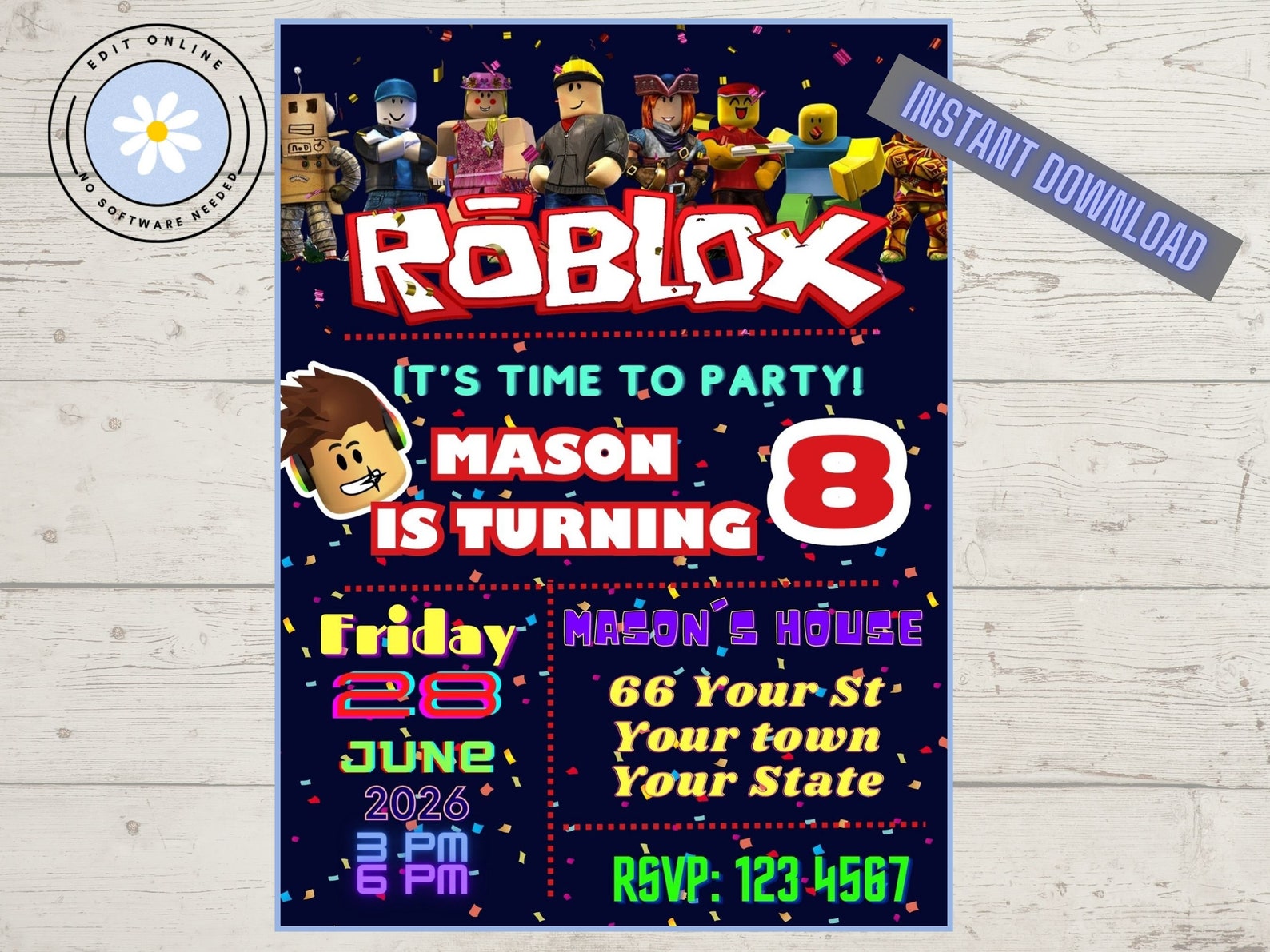 Editable Roblox Birthday Invitation Template, Printable Birthday Party ...