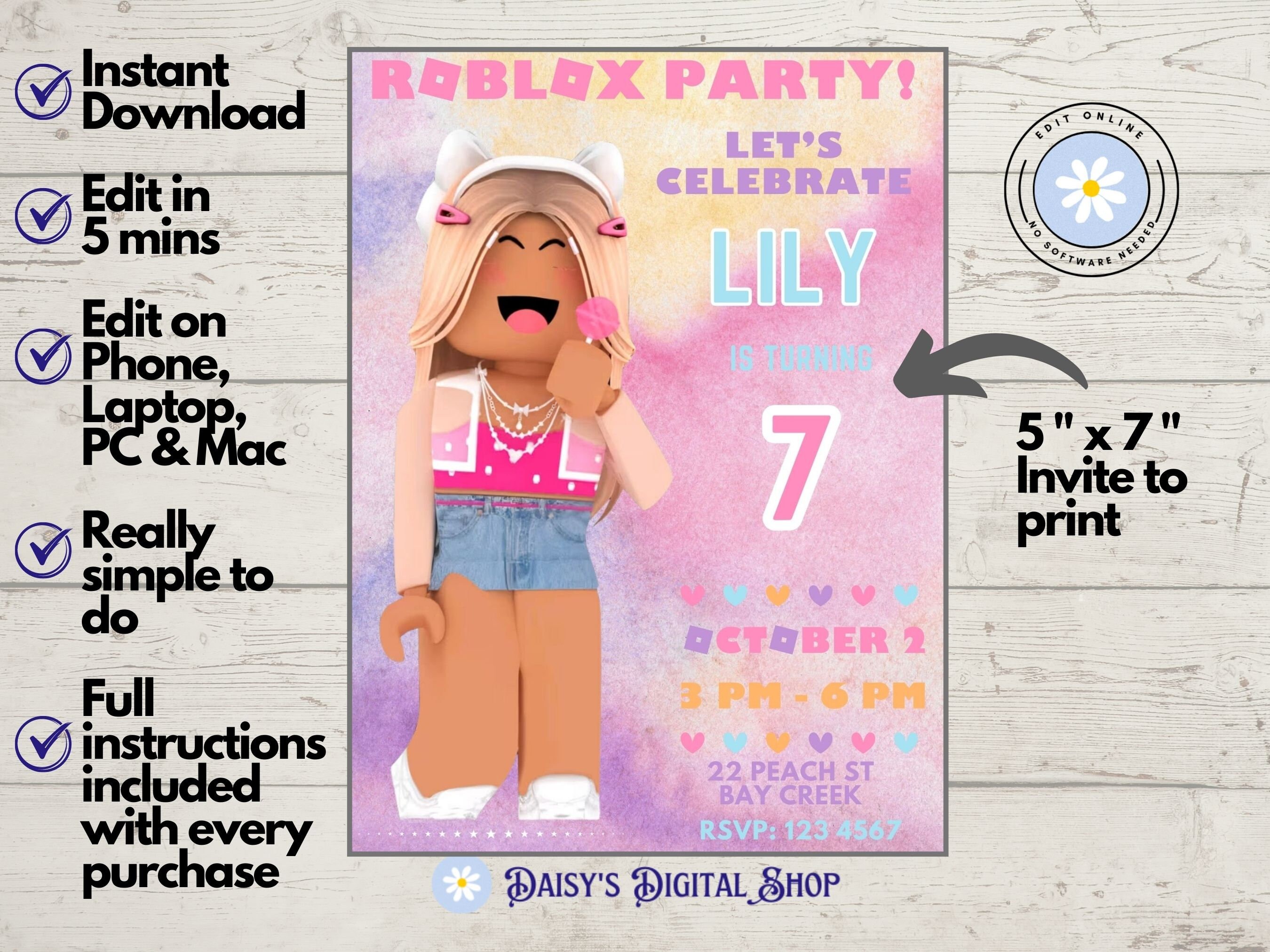 Girl Roblox Birthday Party Invitation Template, Printable Birthday ...