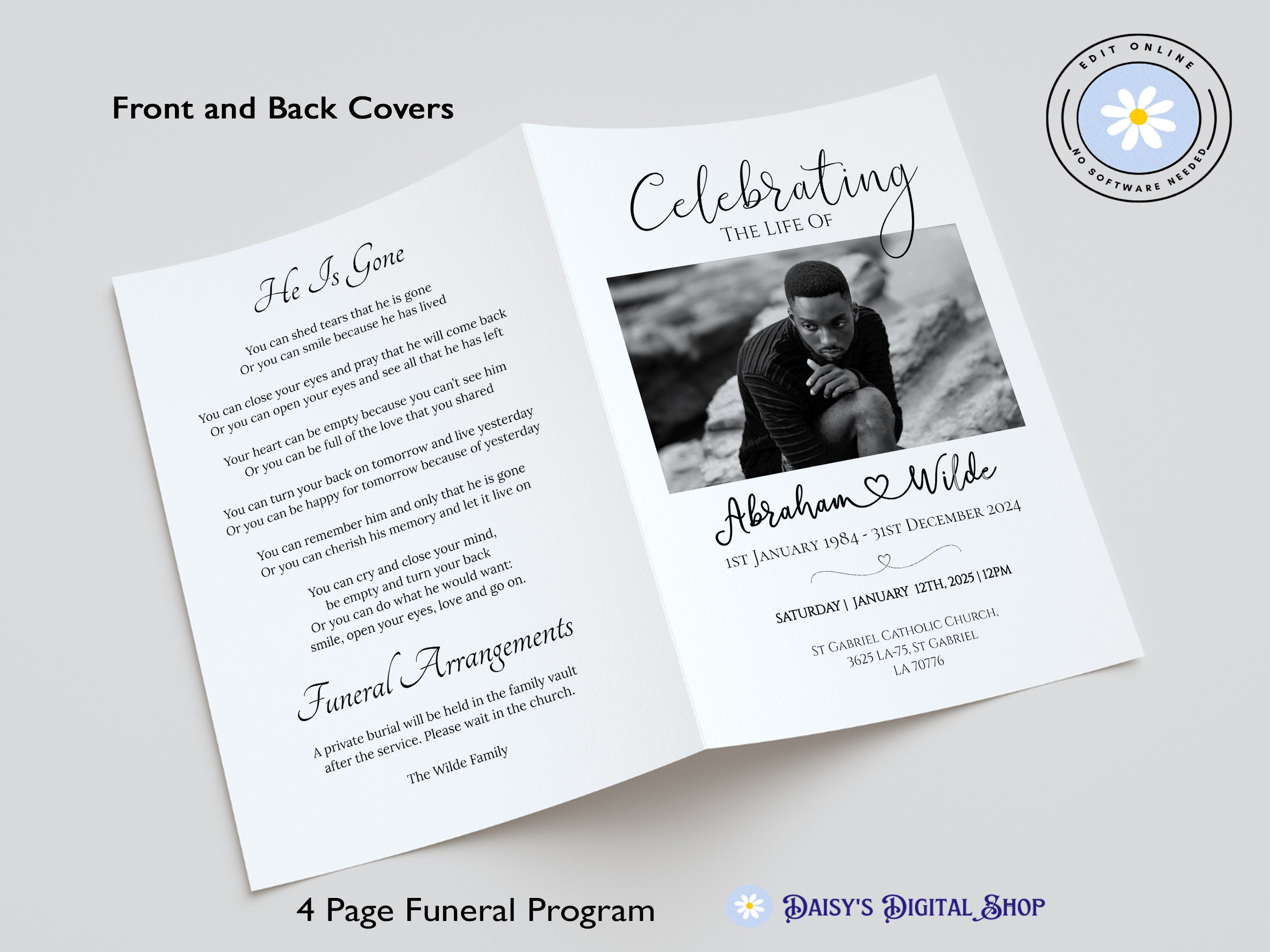 Minimalist Simple Funeral Program Template, Celebration of Life, Order ...