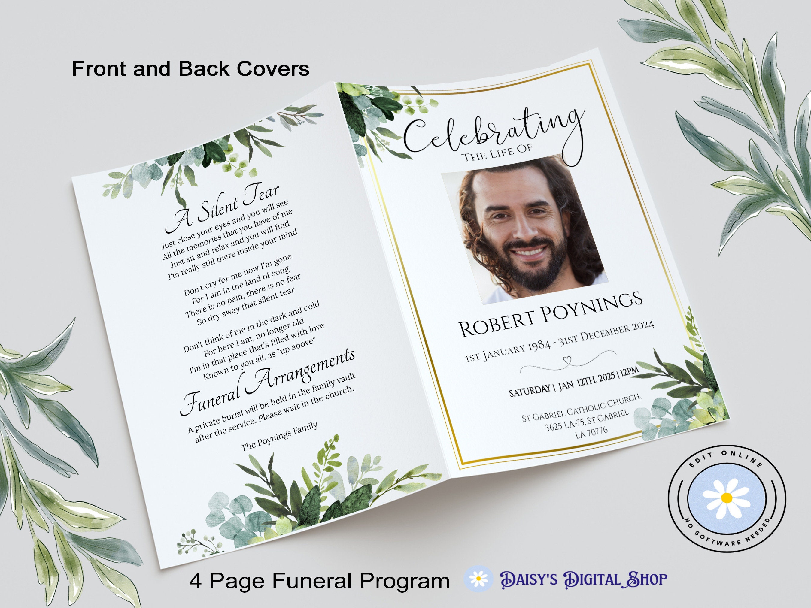 Green Leaves Funeral Program Template, Celebration of Life, Greenery ...