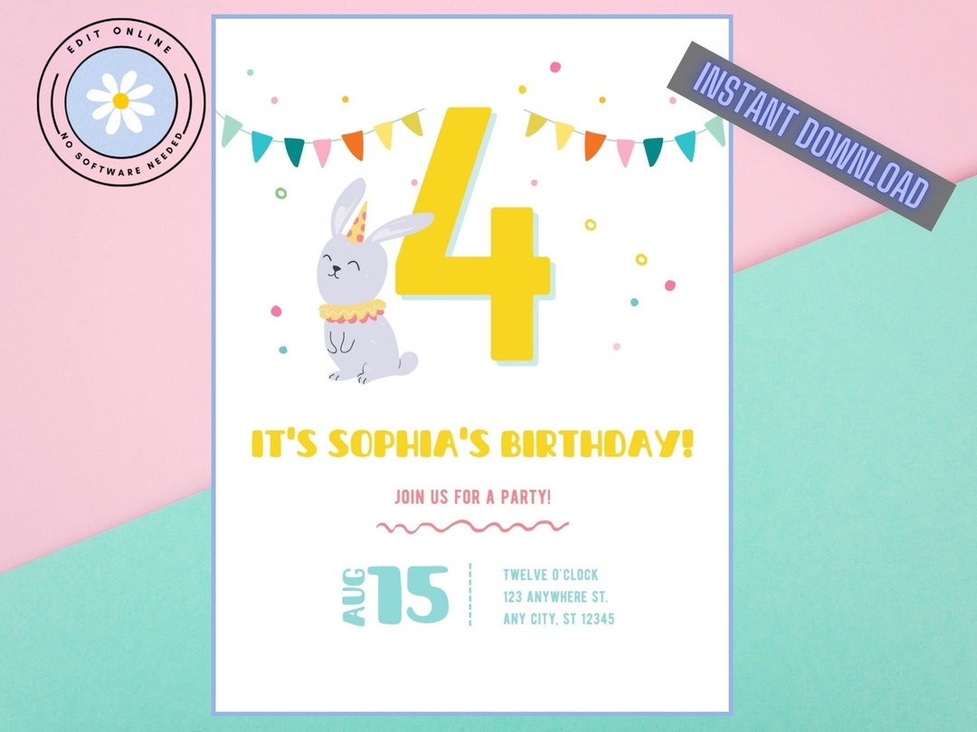 Editable Fourth Birthday Number 4 Four Birthday Invitation Template ...