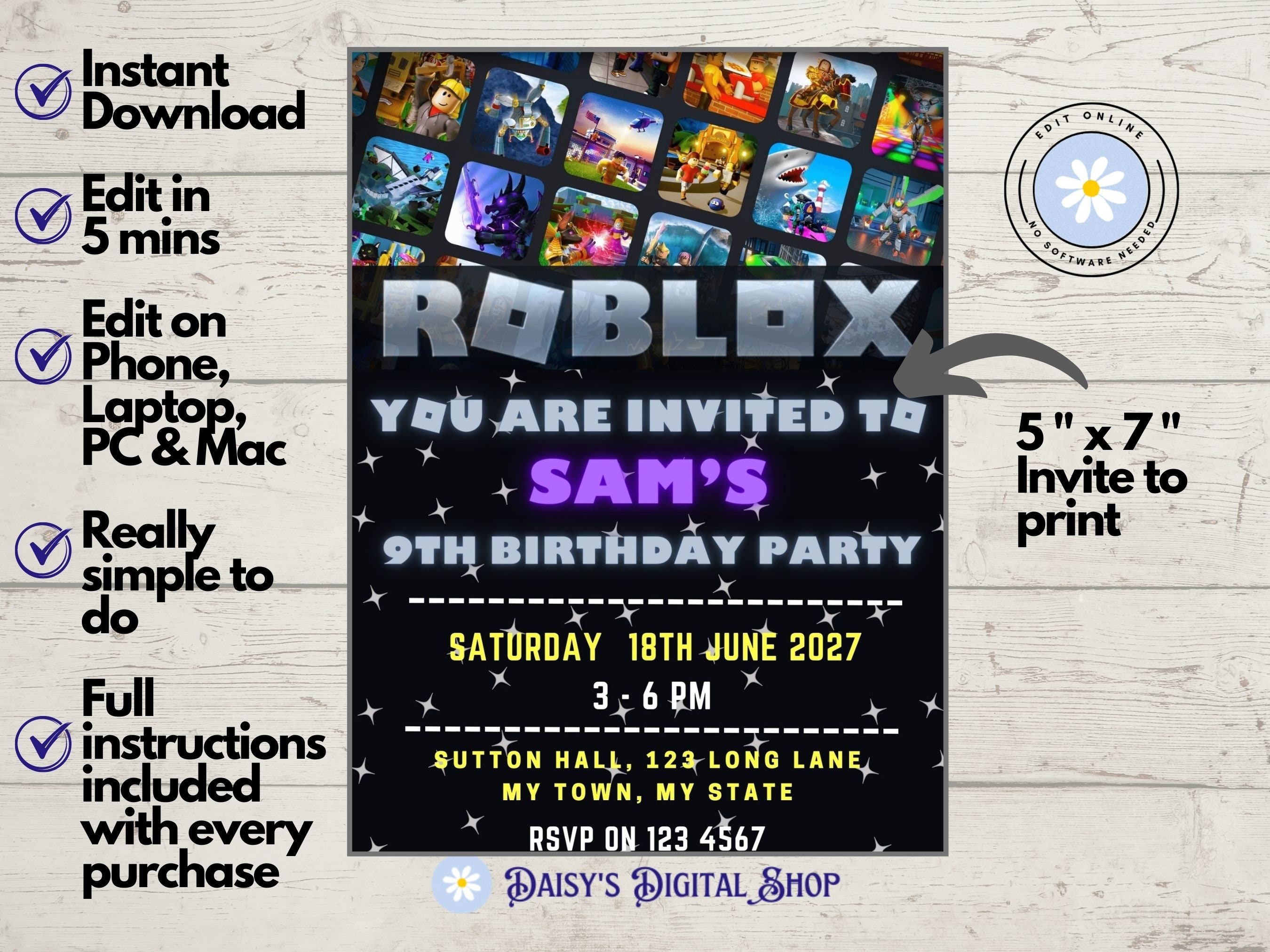 Editable Roblox Birthday Invitation Template, Printable Birthday Party ...