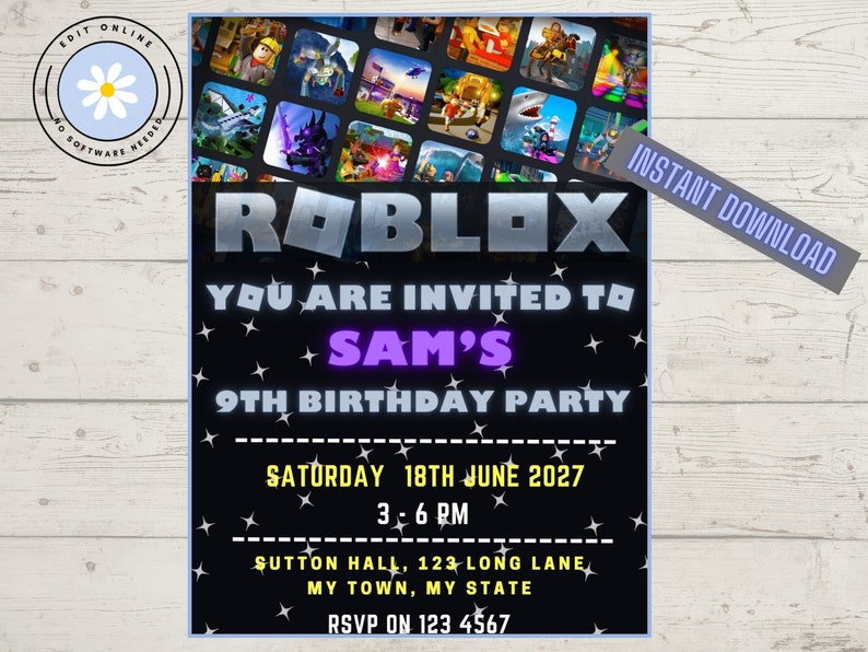 Editable Roblox Birthday Invitation Template, Printable Birthday Party ...