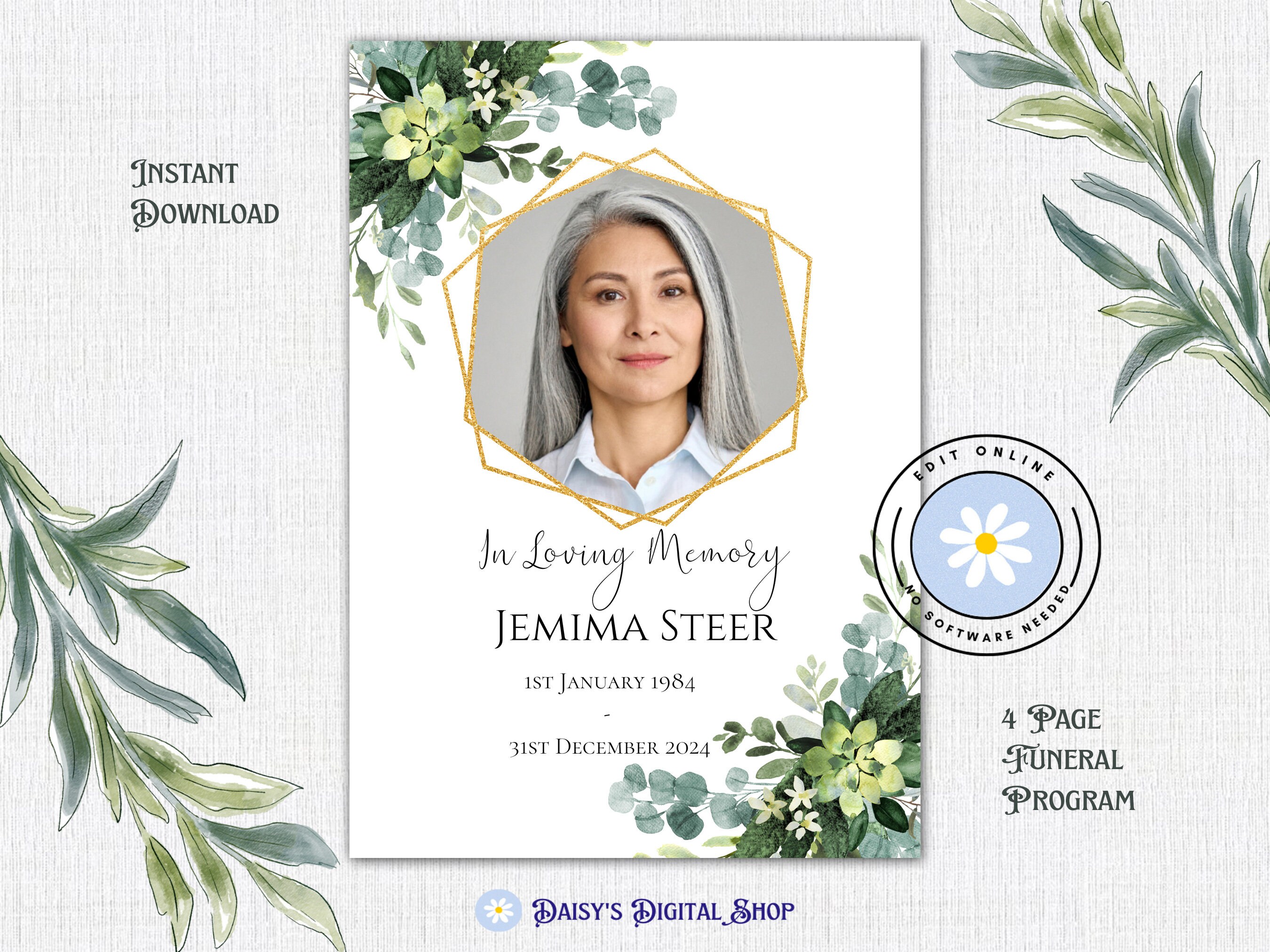 Green Leaves Funeral Program Template, Celebration of Life, Greenery ...