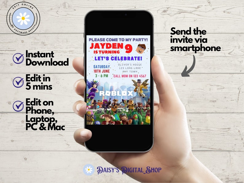 Editable Roblox Birthday Invitation Template, Printable Birthday Party ...