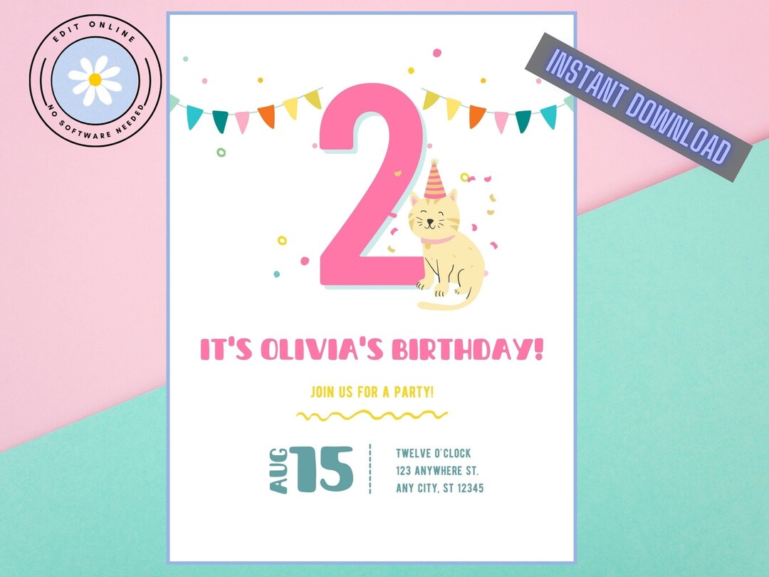 Editable 2nd Birthday Number 2 Two Birthday Invitation Template ...