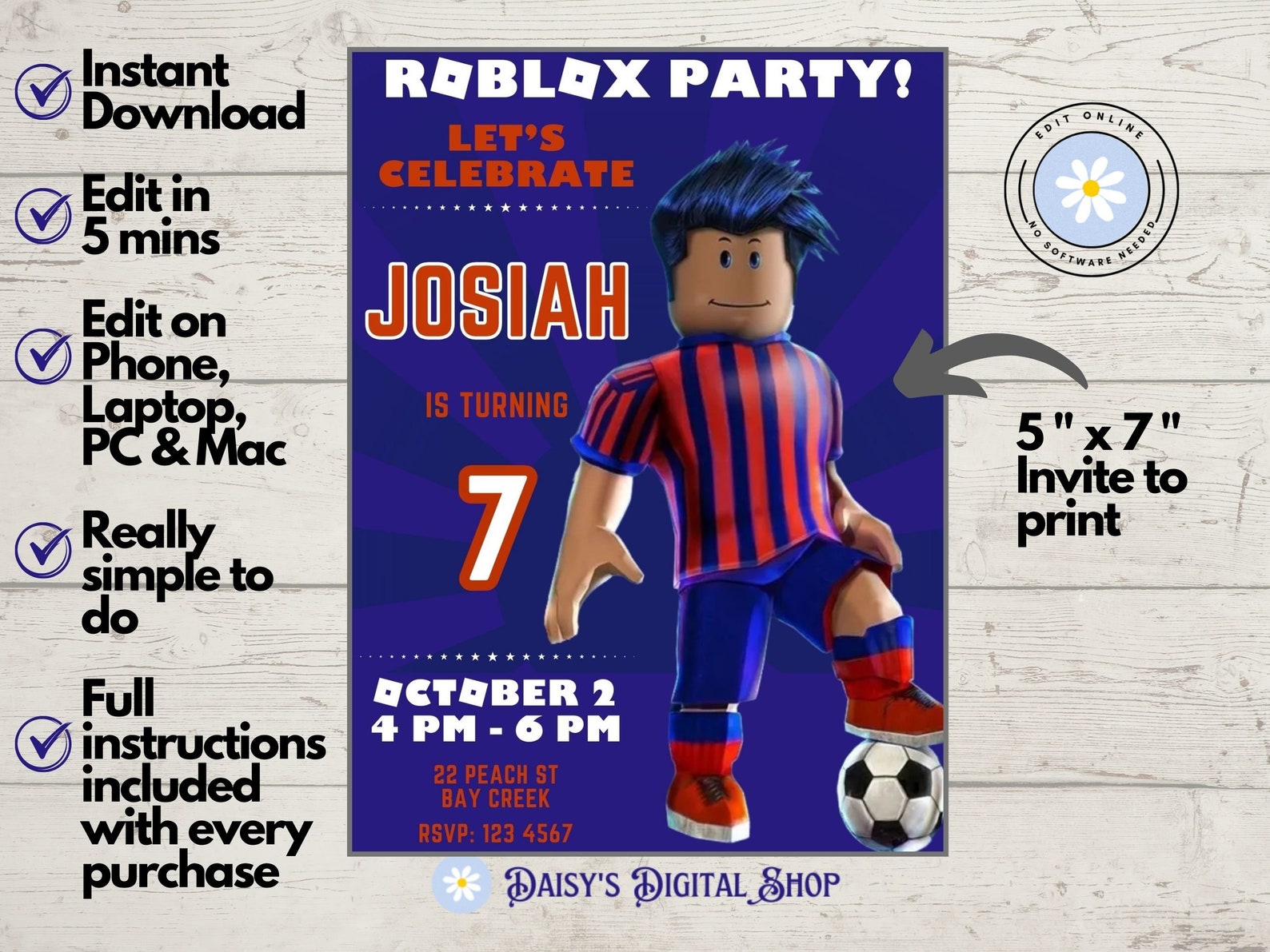 Editable Roblox Football Guy Birthday Invitation Template, Printable ...