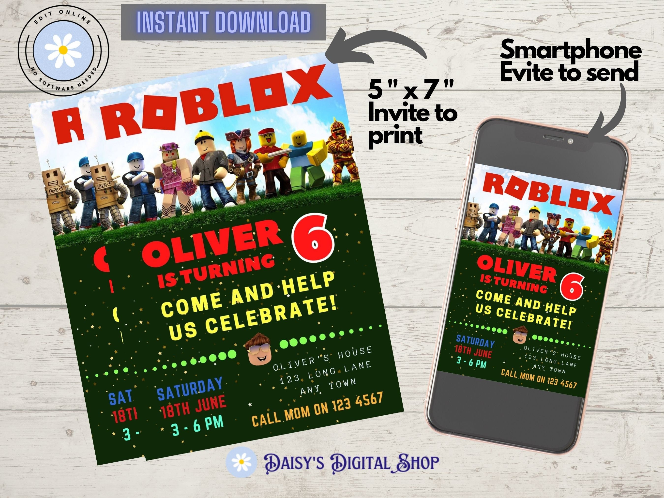Editable Roblox Birthday Invitation Template, Printable Birthday Party ...