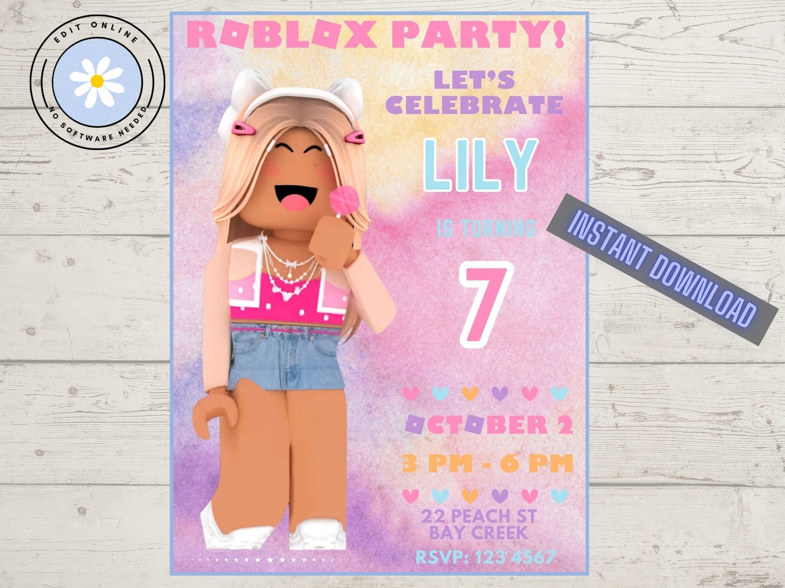 Girl Roblox Birthday Party Invitation Template, Printable Birthday ...