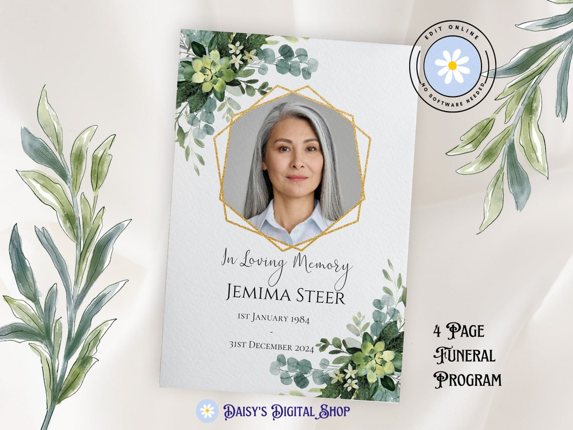 Green Leaves Funeral Program Template, Celebration of Life, Greenery ...