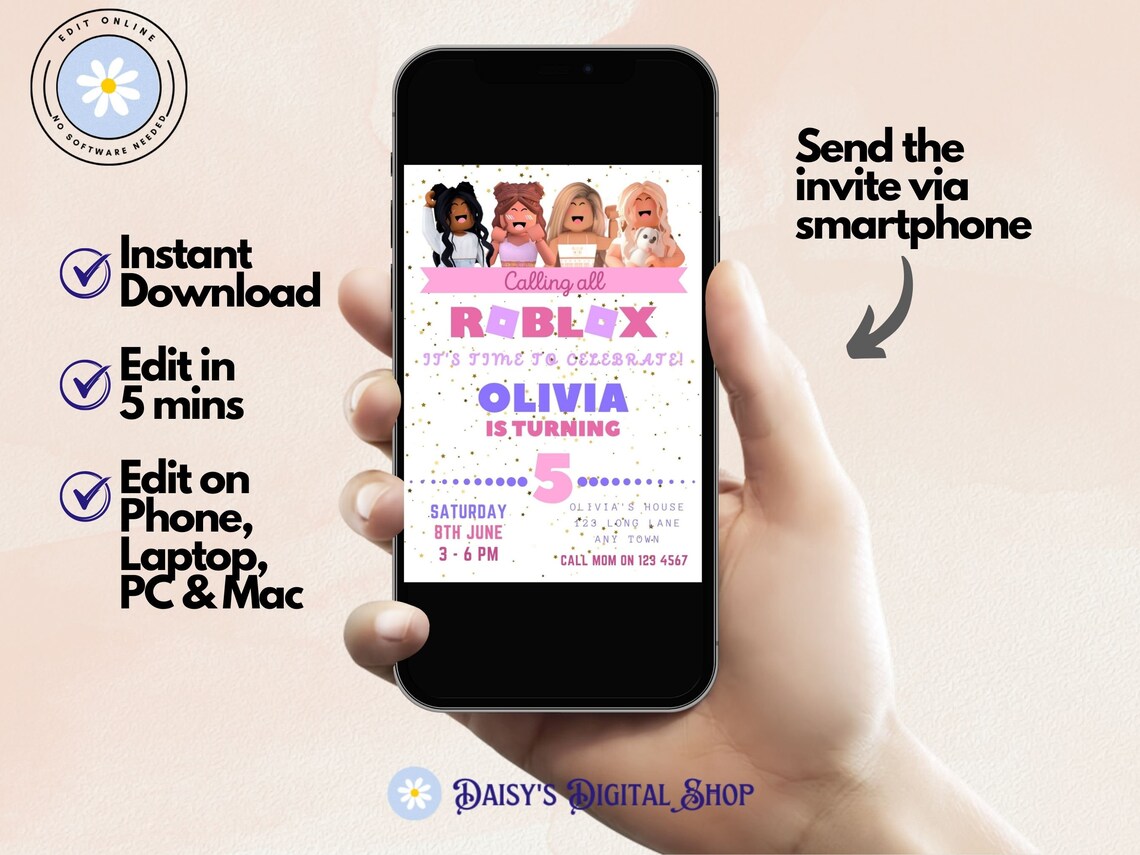 Girl Roblox Birthday Party Invitation Template, Printable Birthday ...