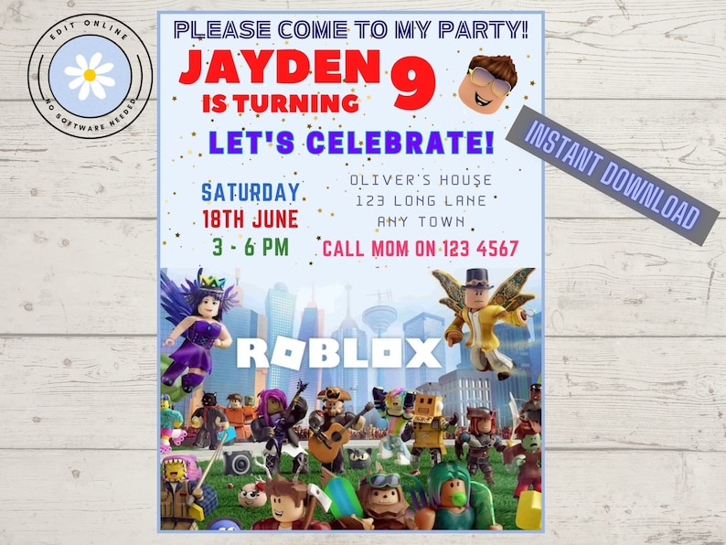 Editable Roblox Birthday Invitation Template, Printable Birthday Party ...