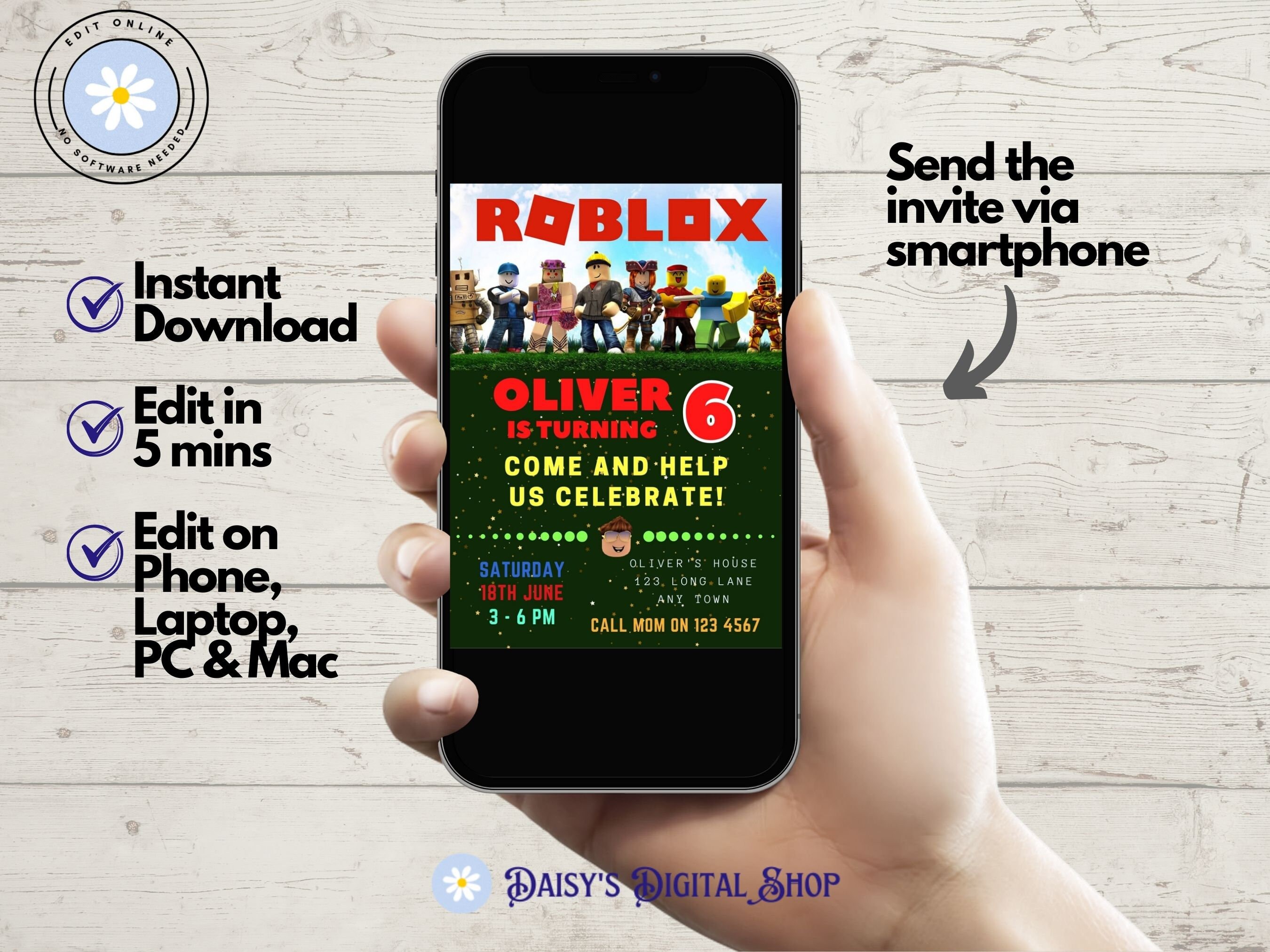 Editable Roblox Birthday Invitation Template, Printable Birthday Party ...