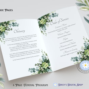 Green Leaves Funeral Program Template, Celebration of Life, Greenery ...