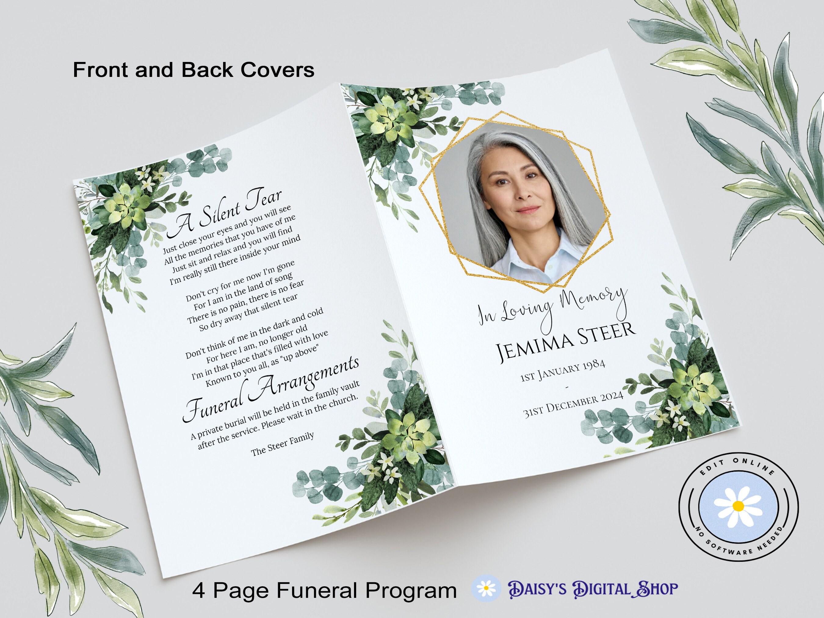 Green Leaves Funeral Program Template, Celebration of Life, Greenery ...
