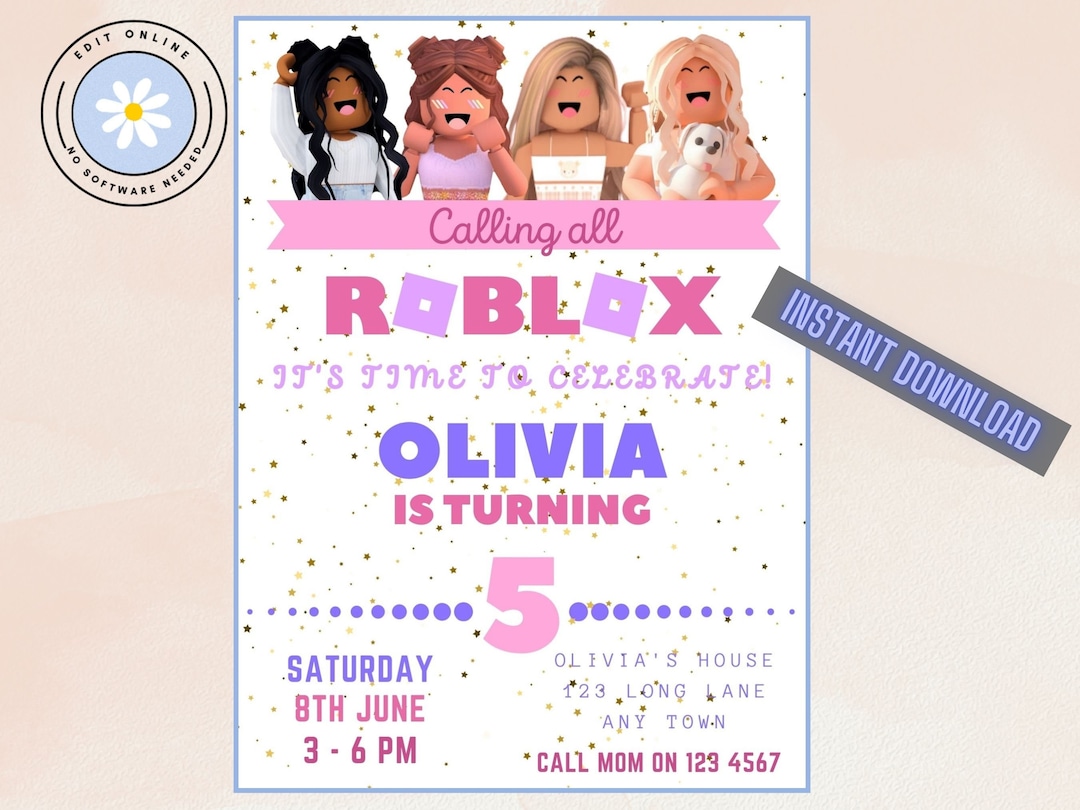 Girl Roblox Birthday Party Invitation Template, Printable Birthday ...